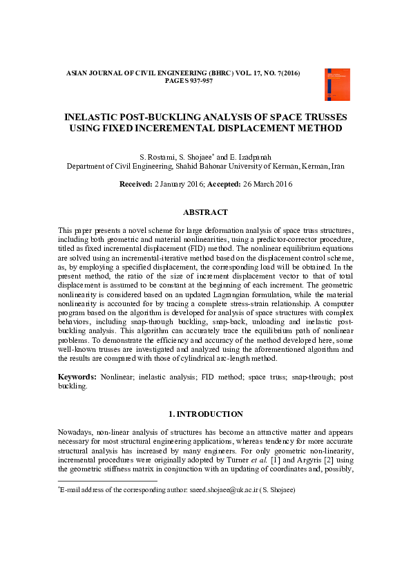 (PDF) Inelastic Post-Buckling Analysis of Space Trusses Using Fixed Inceremental Displacement Method