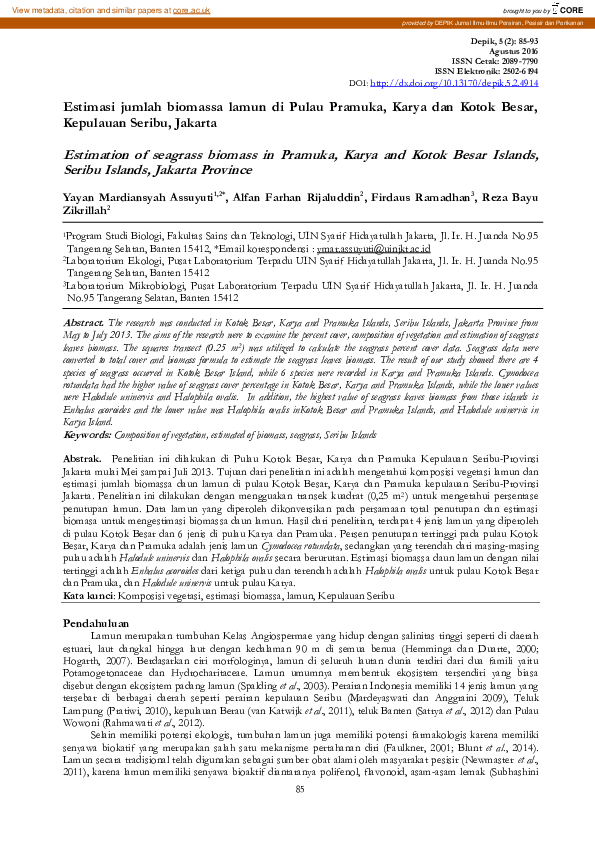 (PDF) Estimasi jumlah biomassa lamun di Pulau Pramuka, Karya dan Kotok ...