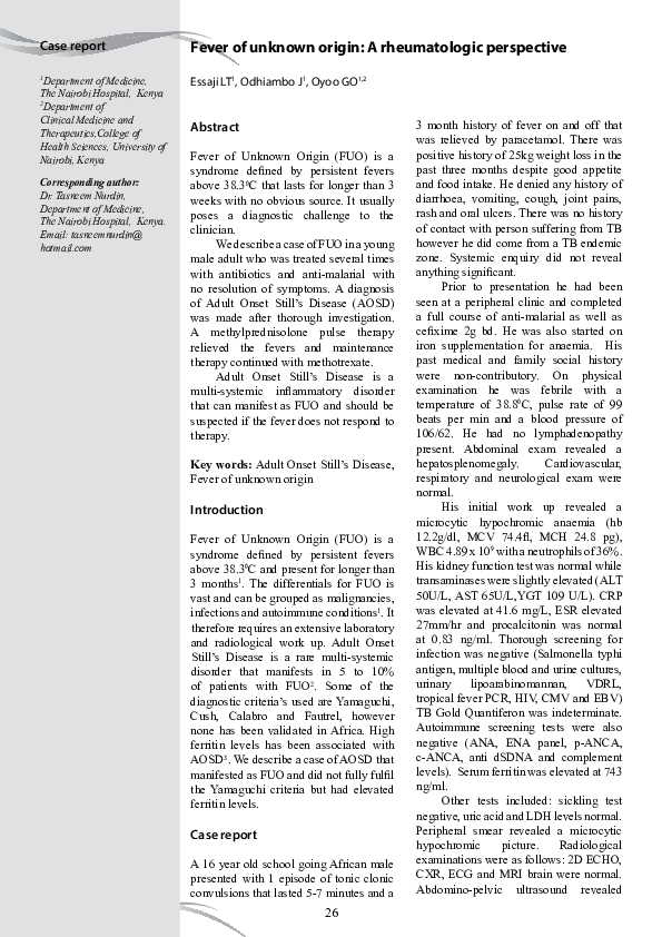 (PDF) Fever of unknown origin: A rheumatologic perspective