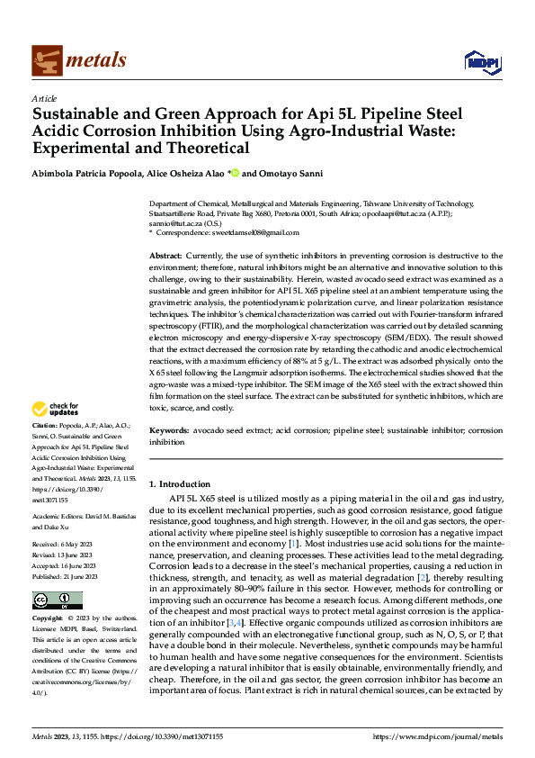 (PDF) Sustainable and Green Approach for Api 5L Pipeline Steel Acidic Corrosion Inhibition Using ...