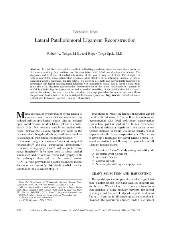 (PDF) Lateral patellofemoral ligament reconstruction