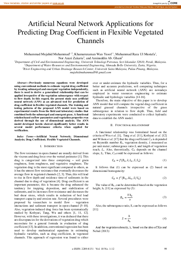 (PDF) Artificial Neural Network Application for Predicting Drag Coefficient in Flexible ...