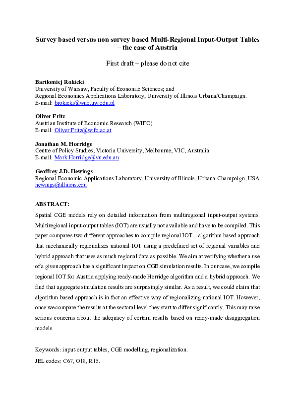 Pdf Survey Based Versus Non Survey Based Multi Regional Input Output Tables The Case Of Austria