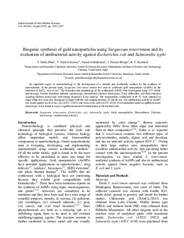 (PDF) Biogenic synthesis of gold nanoparticles using Sargassum tenerrimum and its evaluation of ...