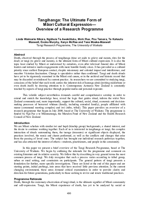 (PDF) Tangihanga: The ultimate form of Māori cultural expression ...