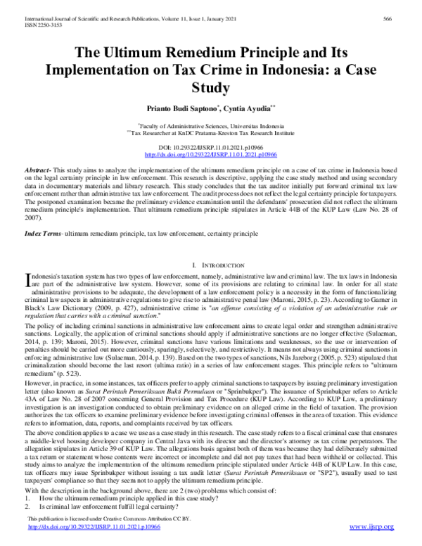 (PDF) The Ultimum Remedium Principle and Its Implementation on Tax ...