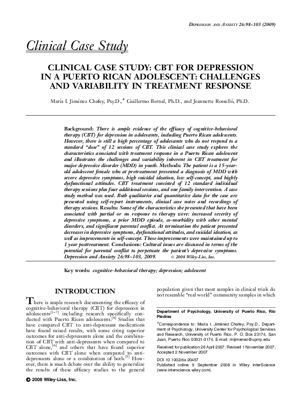 (PDF) Clinical case study: CBT for depression in a Puerto Rican adolescent: challenges and ...