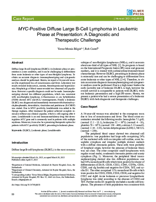 Pdf Myc Positive Diffuse Large B Cell Lymphoma In Leukemic Phase At Presentation A Diagnostic