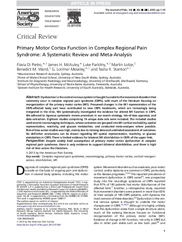 (PDF) Primary Motor Cortex Function in Complex Regional Pain Syndrome ...