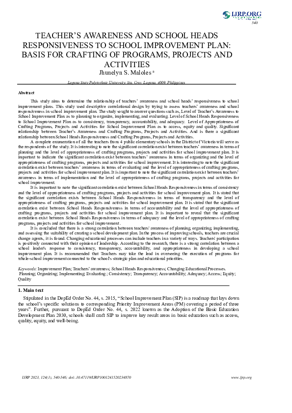 (PDF) Teacher’s Awareness and School Heads Responsiveness to School ...