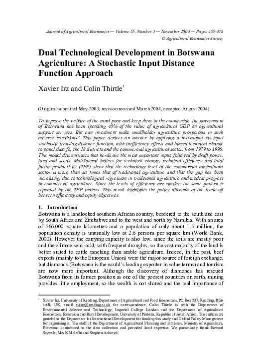 (PDF) Dual Technological Development in Botswana Agriculture - A Stochastic Input Distance Approach