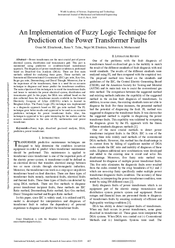 (PDF) An Implementation of Fuzzy Logic Technique for Prediction of the Power Transformer Faults