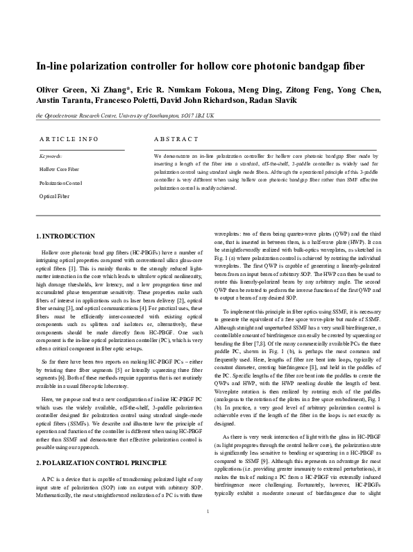 (PDF) In-line polarization controller for hollow core photonic bandgap ...