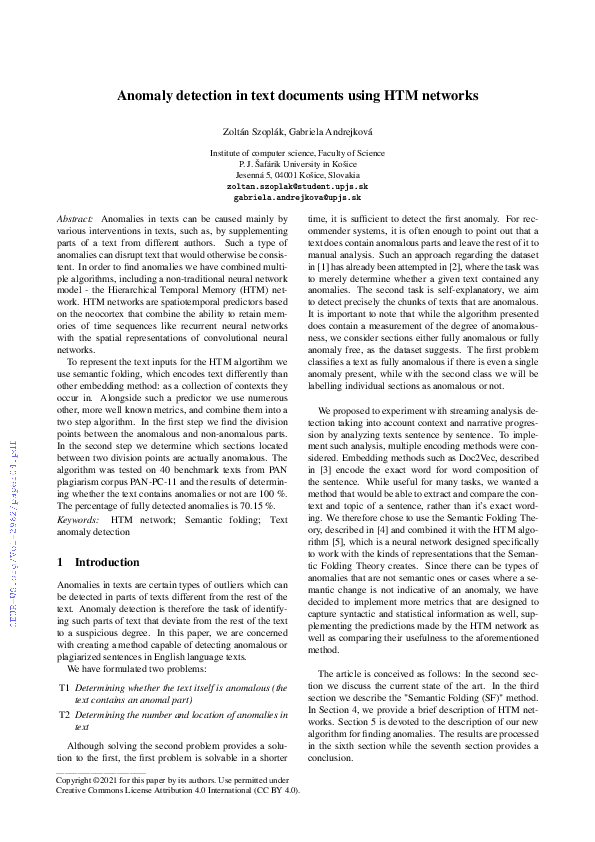 (PDF) Anomaly Detection in Text Documents using HTM Networks
