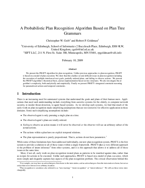 (PDF) A probabilistic plan recognition algorithm based on plan tree grammars