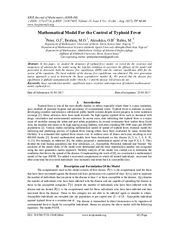 (PDF) Mathematical Model For the Control of Typhoid Fever
