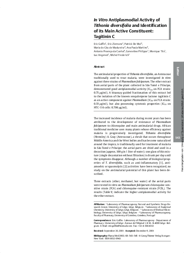 (PDF) In Vitro Antiplasmodial Activity of Tithonia diversifolia and ...