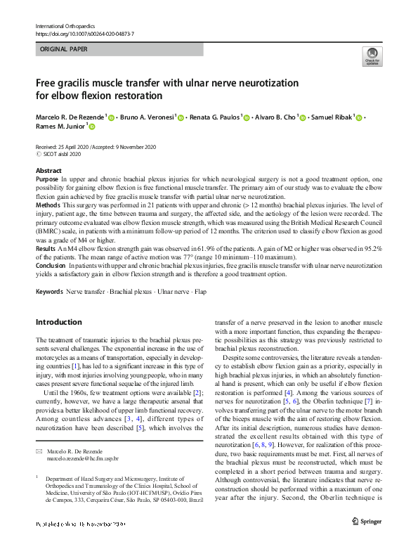(PDF) Free gracilis muscle transfer with ulnar nerve neurotization for ...