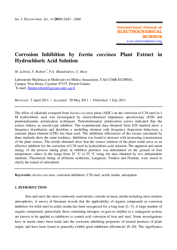 (PDF) Corrosion Inhibition by Isertia coccinea Plant Extract in ...