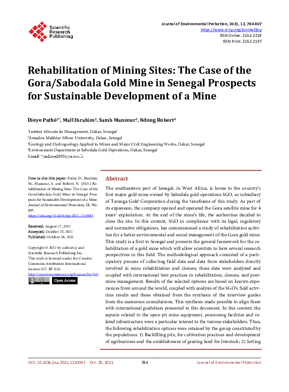 (PDF) Rehabilitation of Mining Sites: The Case of the Gora/Sabodala ...