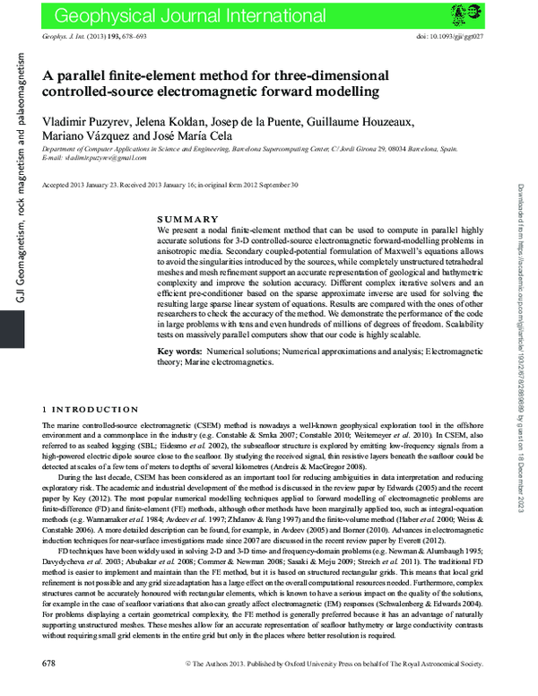 Pdf A Parallel Finite Element Method For Three Dimensional Controlled Source Electromagnetic