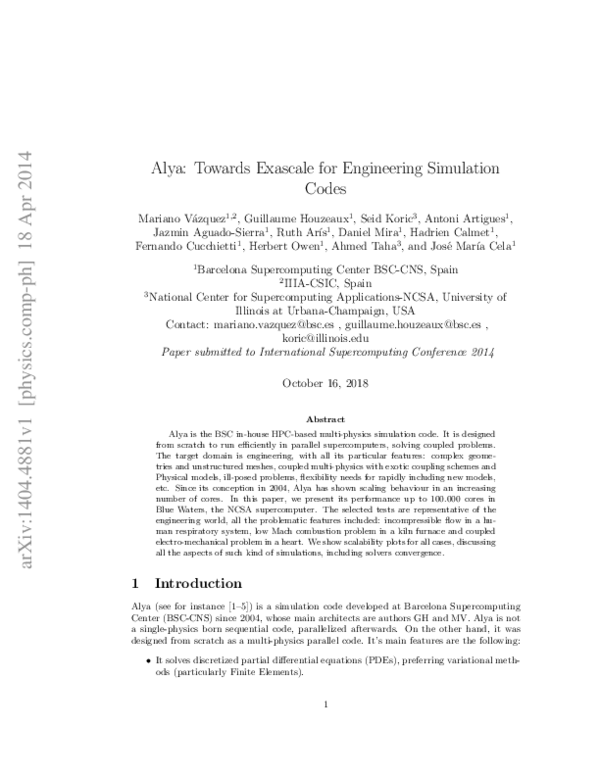 (PDF) Alya: Towards Exascale for Engineering Simulation Codes