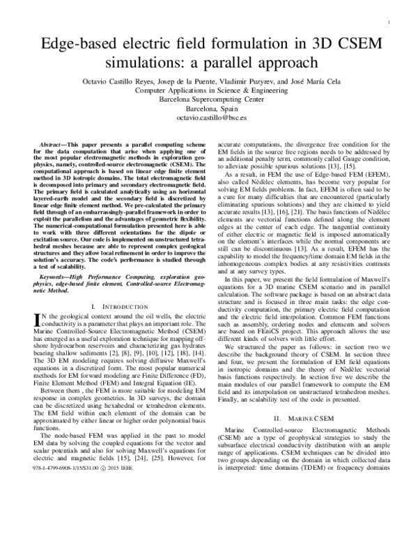 (PDF) Edge-based electric field formulation in 3D CSEM simulations: A parallel approach