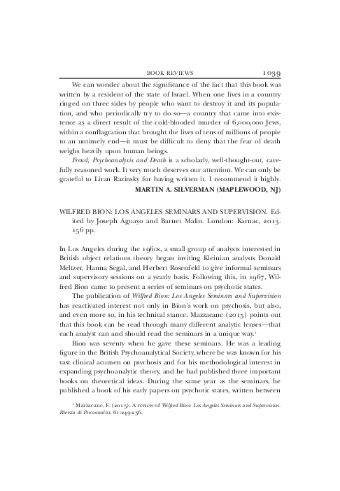 (PDF) Review of Wilfred Bion: Los Angeles Seminars and Supervision