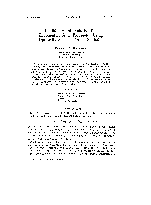 (PDF) Confidence Intervals for the Exponential Scale Parameter Using Optimally Selected Order ...