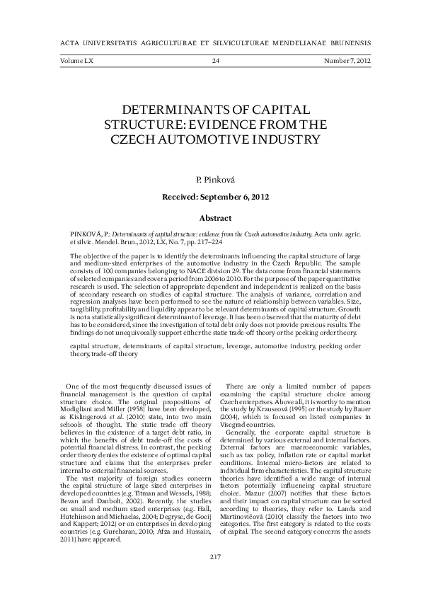 (PDF) Determinants of capital structure: evidence from the Czech automotive industry | Mahfuzur ...