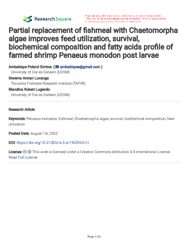 (PDF) Partial replacement of fishmeal with Chaetomorpha algae improves ...