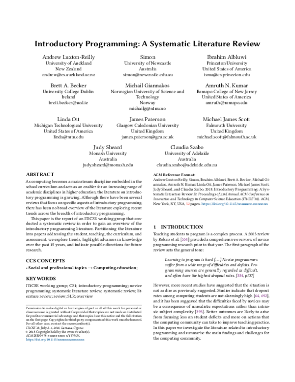 (PDF) Introductory programming: a systematic literature review