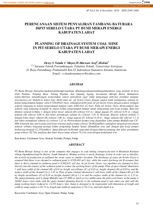 (PDF) Perencanaan Sistem Penyaliran Tambang Batubara Dipit Serelo Utara ...