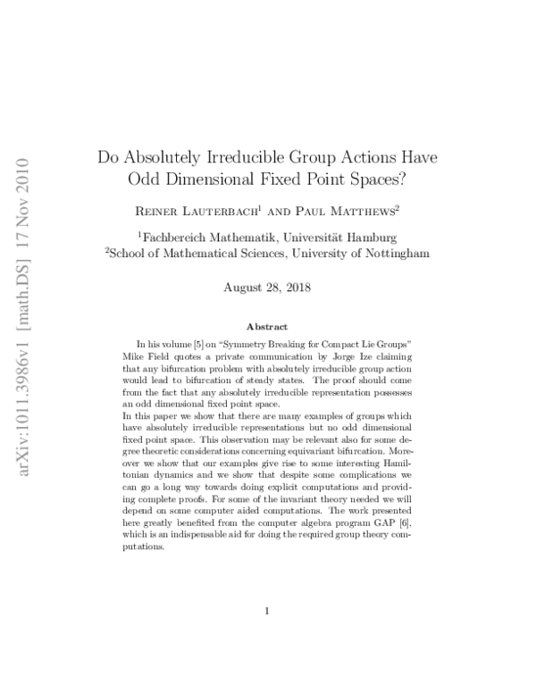 Pdf Do Absolutely Irreducible Group Actions Have Odd Dimensional Fixed Point Spaces