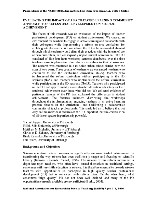 (PDF) Evaluating the Impact of a Facilitated Learning Community Approach to Professional ...