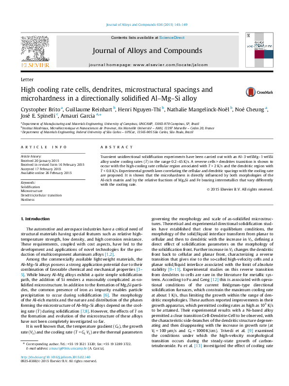 Pdf High Cooling Rate Cells Dendrites Microstructural Spacings And Microhardness In A