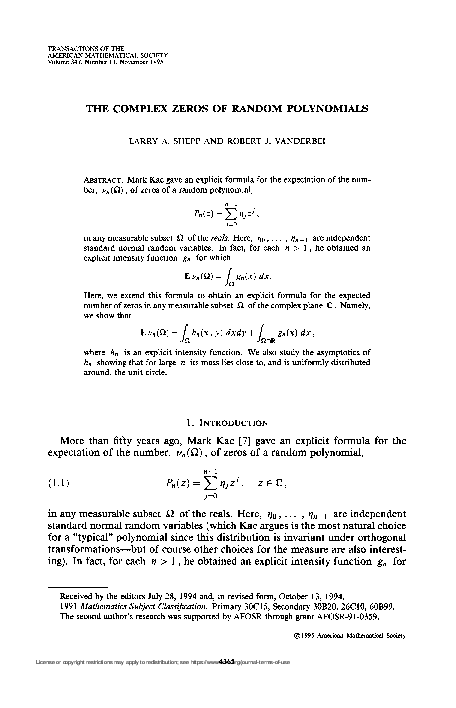 (PDF) The complex zeros of random polynomials