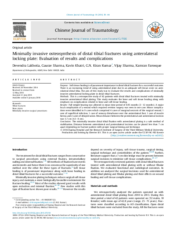 (PDF) Minimally invasive osteosynthesis of distal tibial fractures using anterolateral locking ...