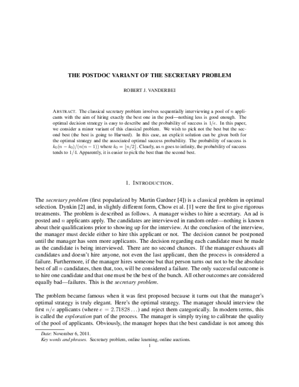 (PDF) The postdoc variant of the secretary problem