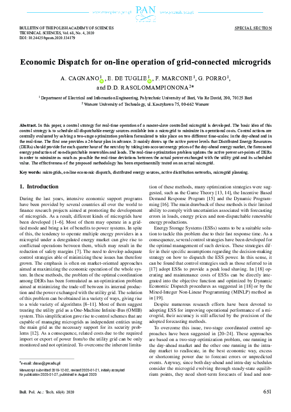 (PDF) Economic Dispatch for on-line operation of grid-connected microgrids