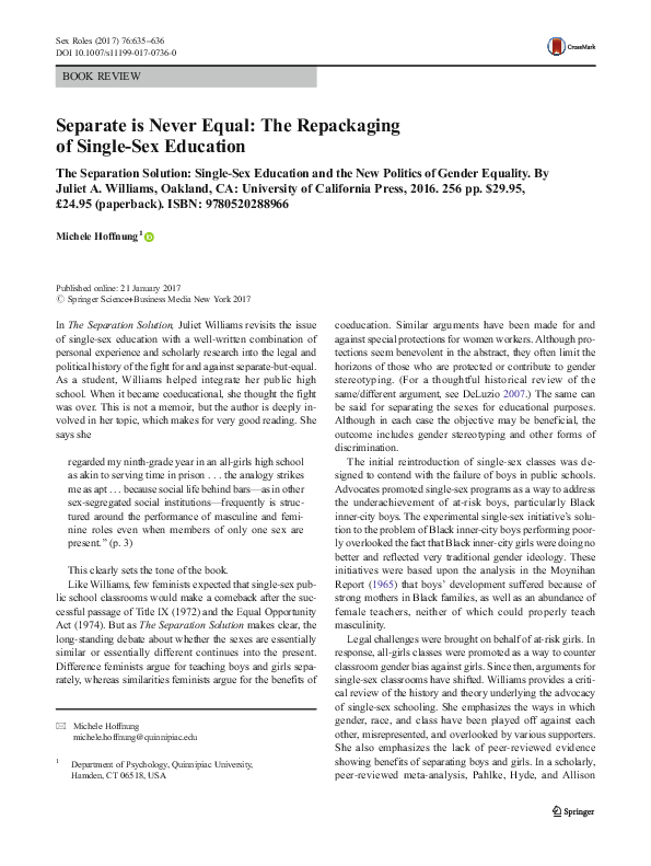 Pdf Separate Is Never Equal The Repackaging Of Single Sex Education