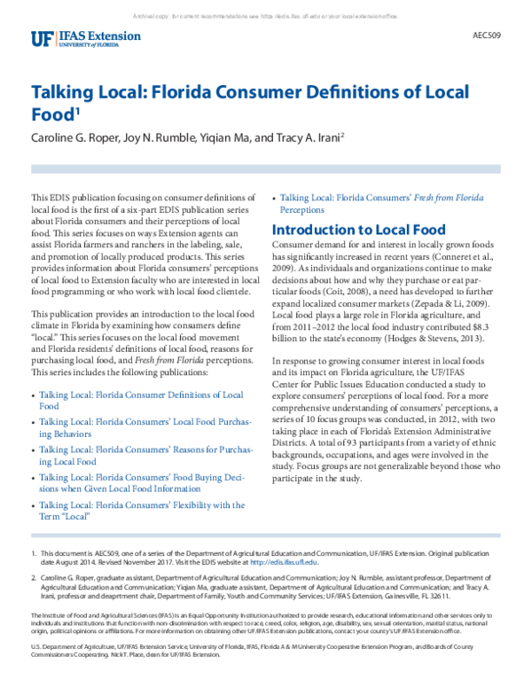 (PDF) Talking Local: Florida Consumer Definitions of Local Food