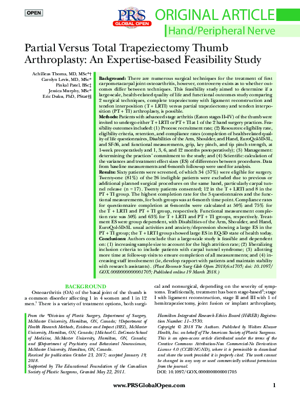 (PDF) Partial Versus Total Trapeziectomy Thumb Arthroplasty | Achilleas ...