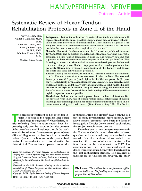 (PDF) Systematic Review of Flexor Tendon Rehabilitation Protocols in ...