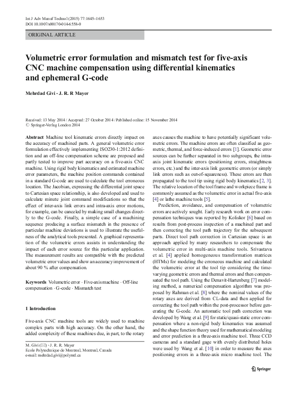 (PDF) Volumetric error formulation and mismatch test for five-axis CNC ...