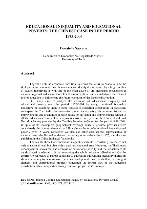 (PDF) Educational Inequality and Educational Poverty. The Chinese Case ...