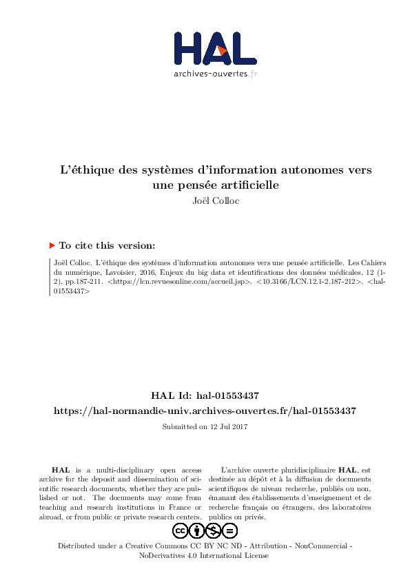 (PDF) L'éthique des systèmes d'information autonomes vers une pensée artificielle