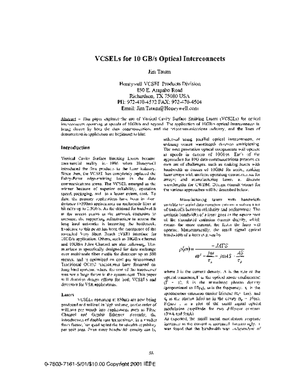 (PDF) VCSELs for 10 GB/s optical interconnects
