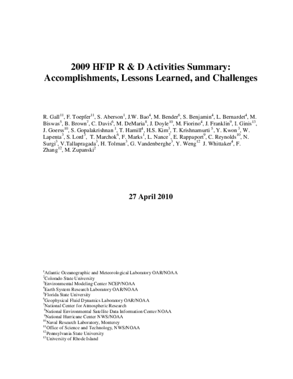 (PDF) 2009 HFIP R & D activities summary : accomplishments, lessons learned, and challenges ...