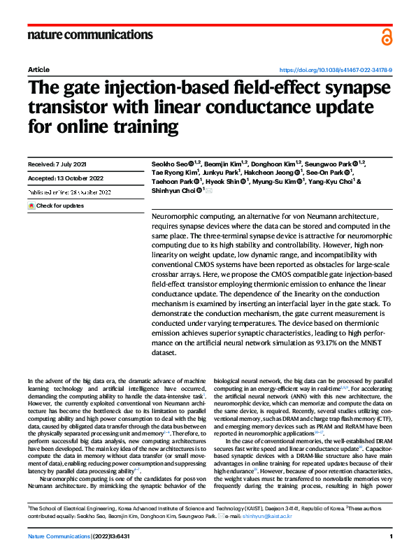 (PDF) The gate injection-based field-effect synapse transistor with linear conductance update ...